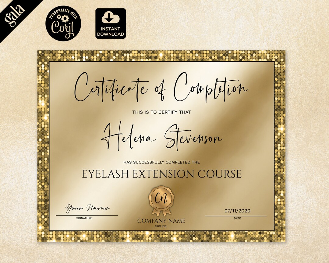 Certificate of Completion, Lashes Certificate Template, Gold Black ...