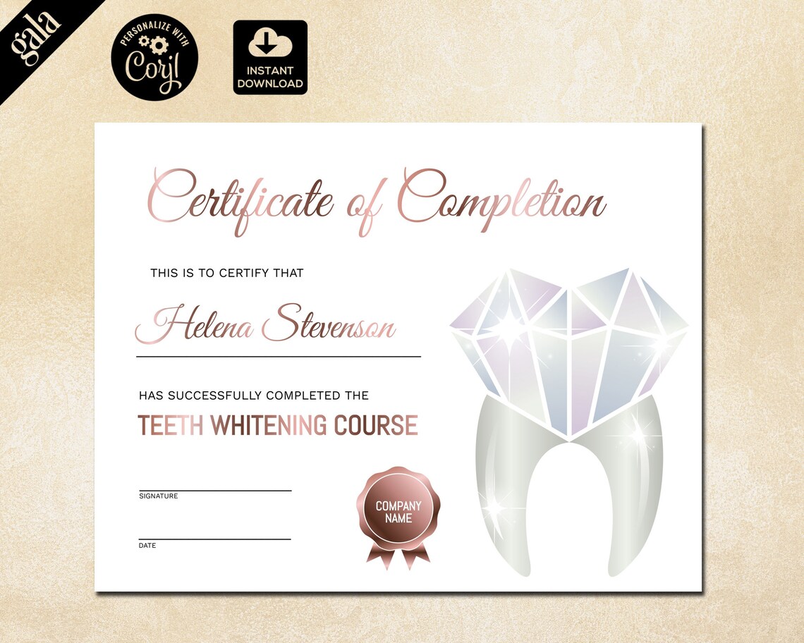Certificate of Completion Teeth Whitening Certificate - Etsy