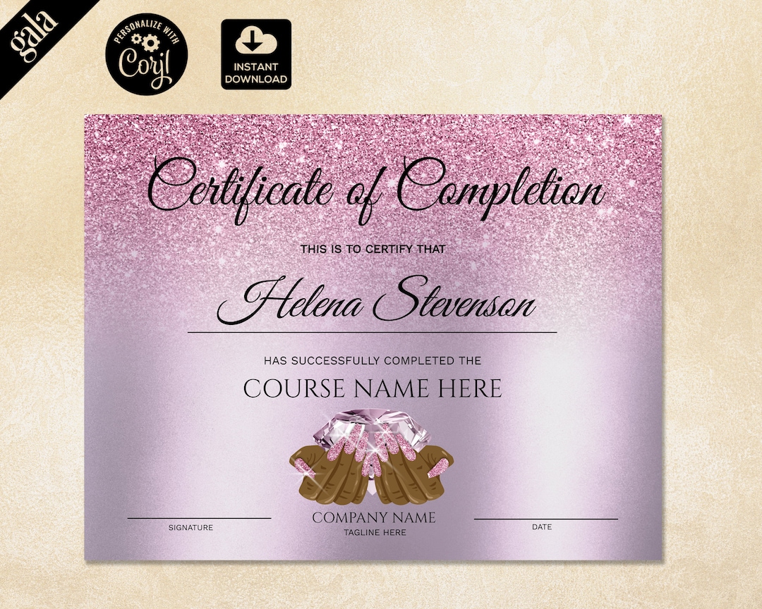 Rose Gold Glitter Certificate of Completion Template for Nail Artist ...