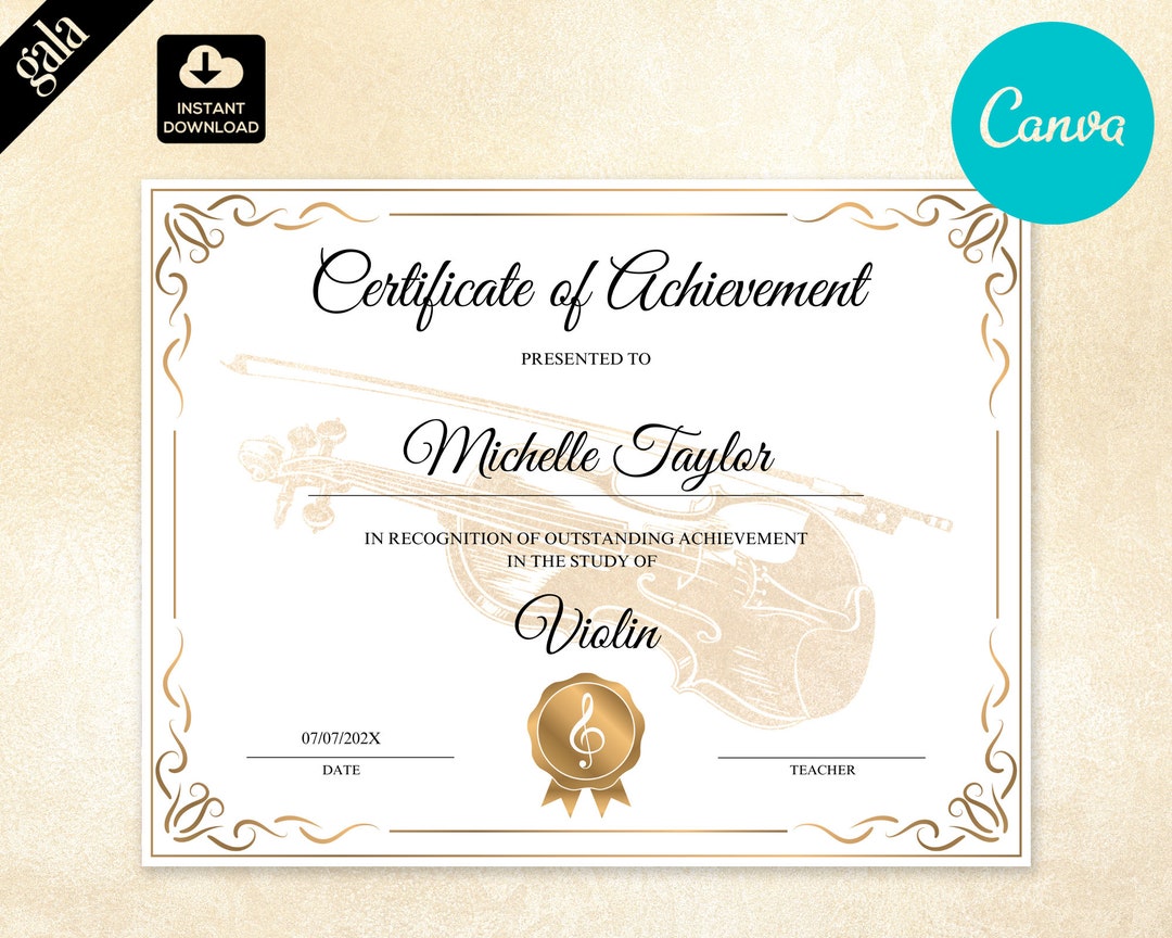 Editable Violin Certificate of Achievement, Music School Certificate, 8 ...