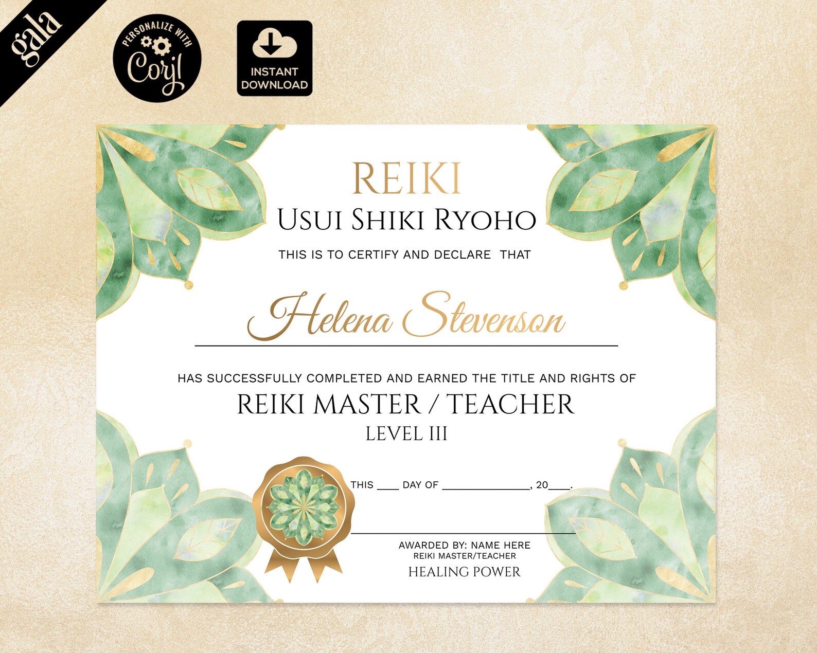 Reiki Certificate Template Reiki Certificate Printable Yoga | Etsy