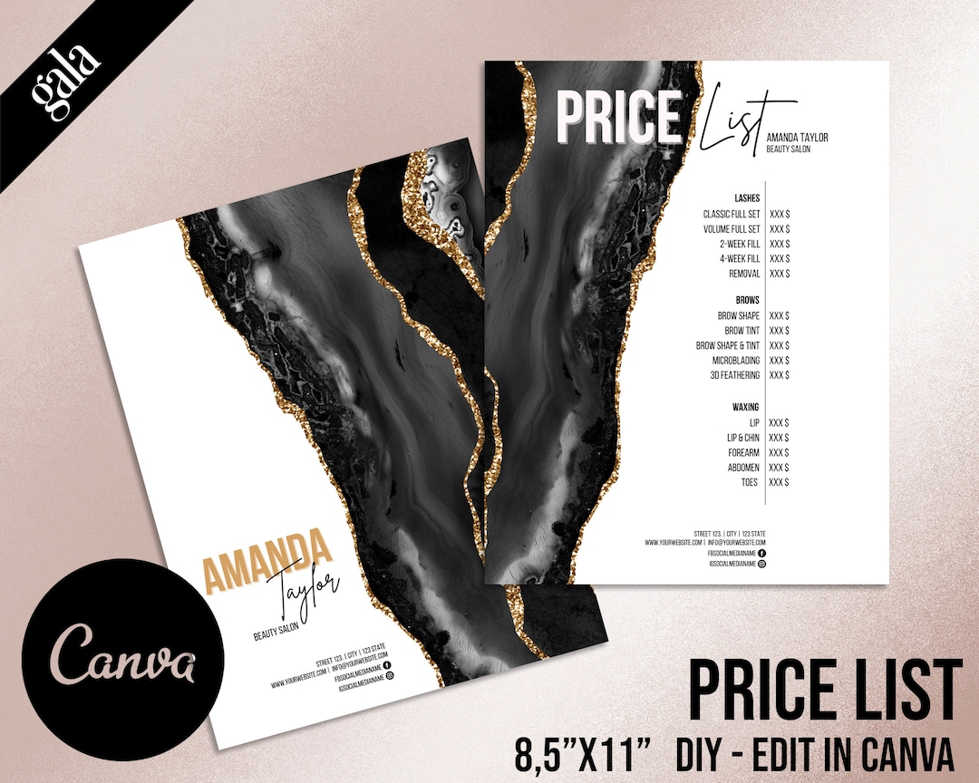 Black Gold Agate Price List Template: DIY Canva Editable (digital ...