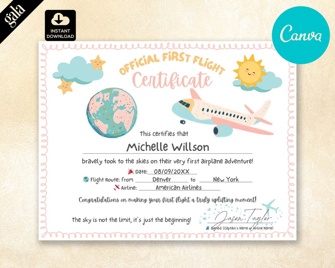 My First Flight Certificate, Airplane Flying Diploma Plane Certificate ...