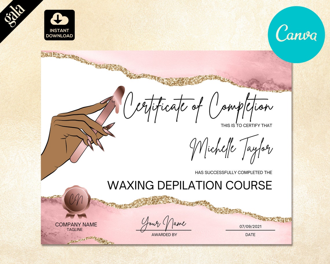 Waxing Certificate of Completion Wax Certificate Template - Etsy