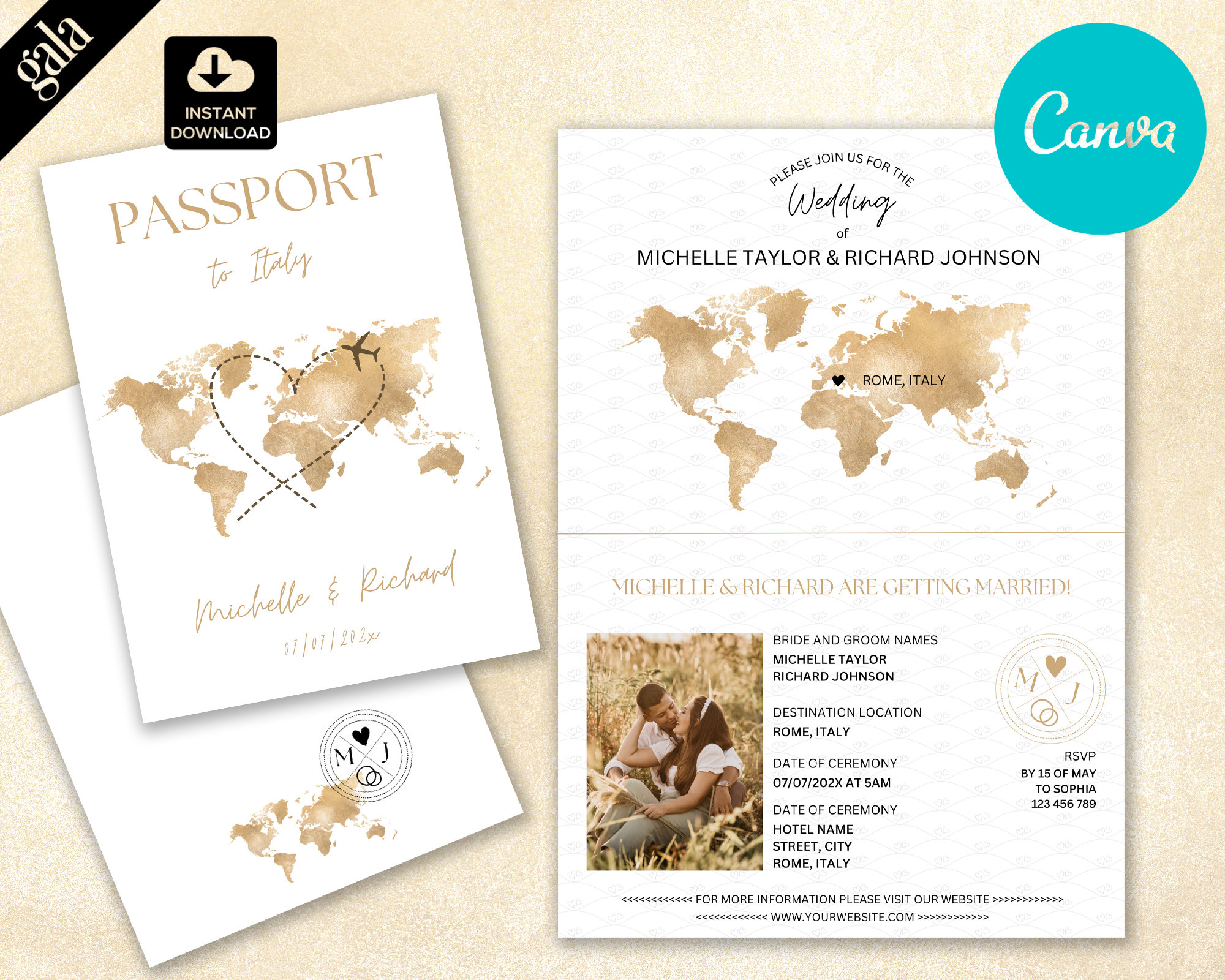 Passport Wedding Invitation Canva Template Destination - Etsy