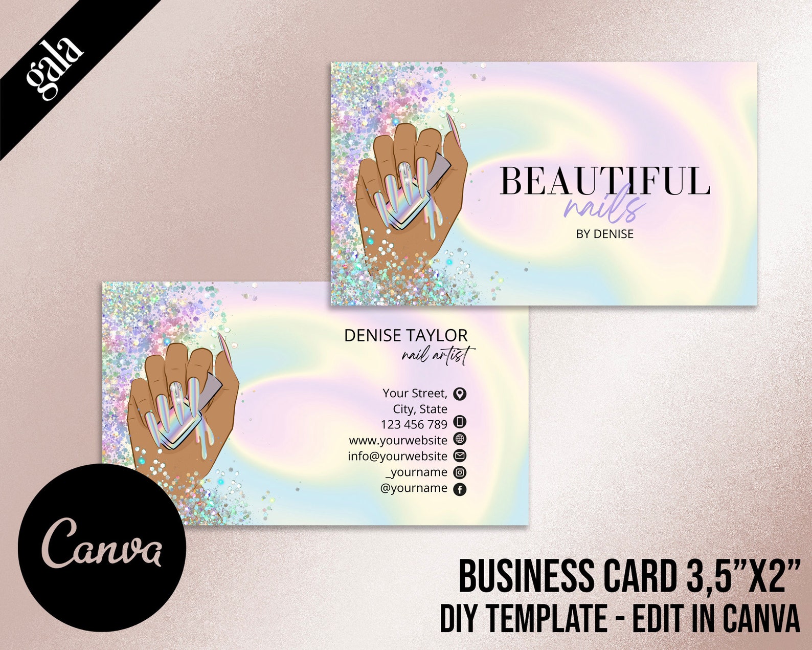 Nails Business Card Design DIY Canva Holographic Nail Artist - Etsy
