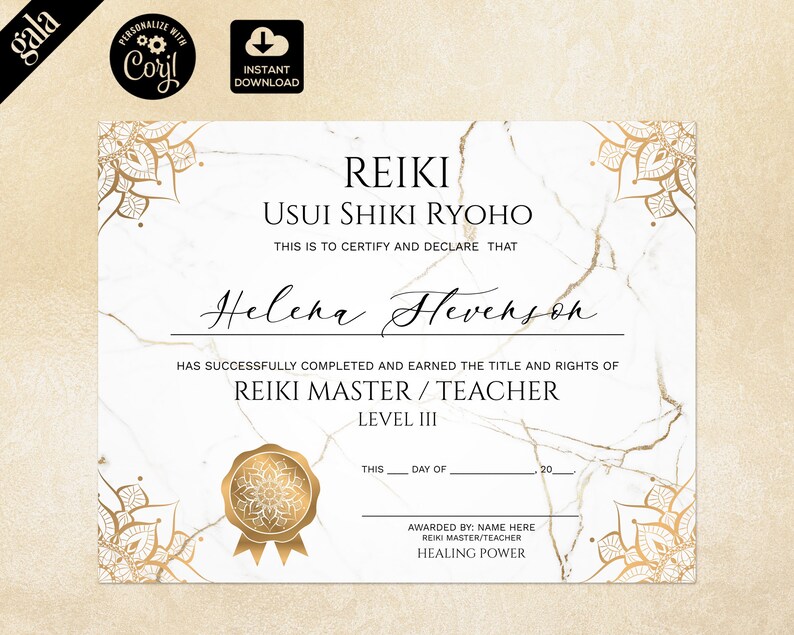 Reiki Certificate Template Reiki Certificate Printable Yoga - Etsy
