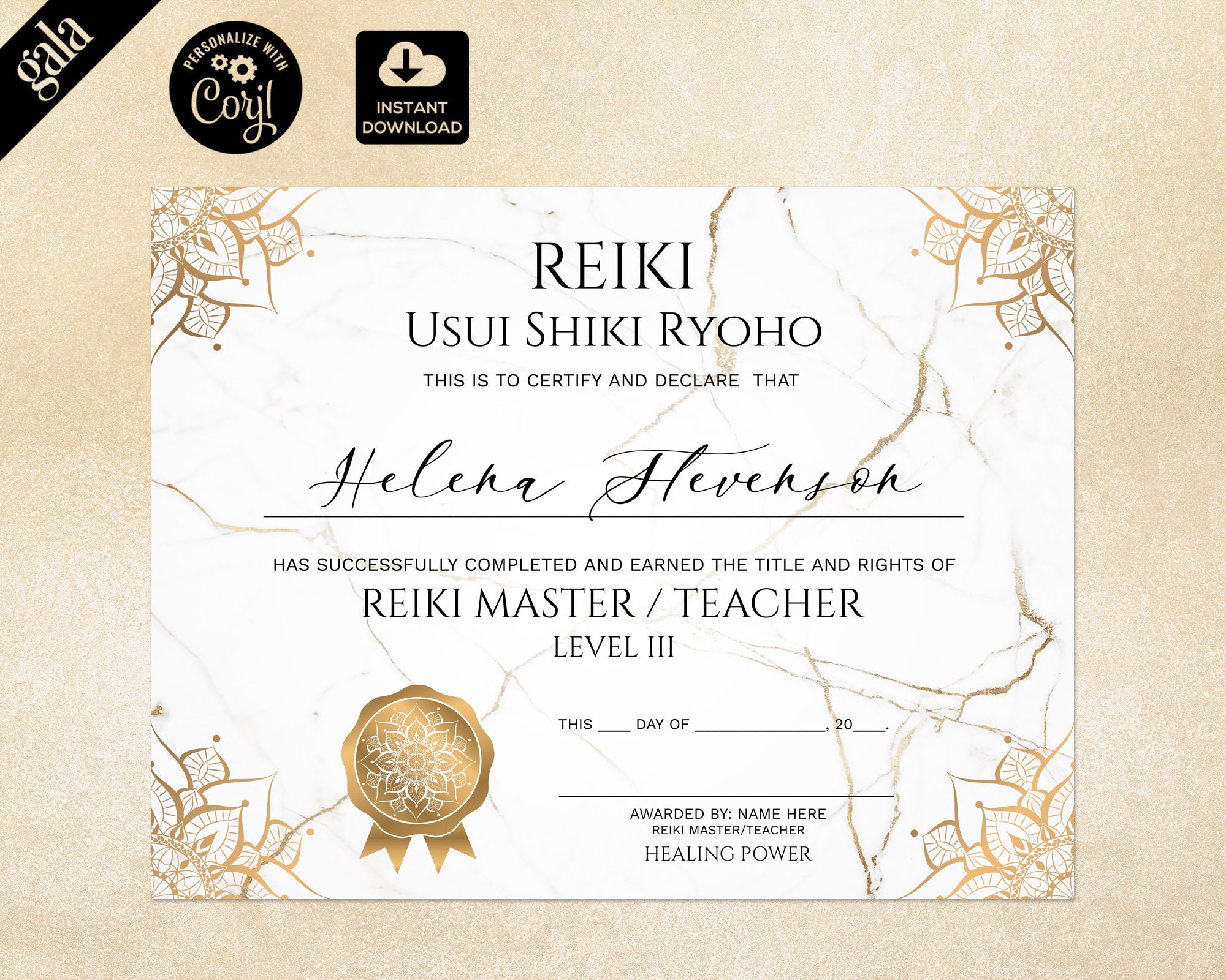 Reiki Certificate Template Reiki Certificate Printable Yoga - Etsy