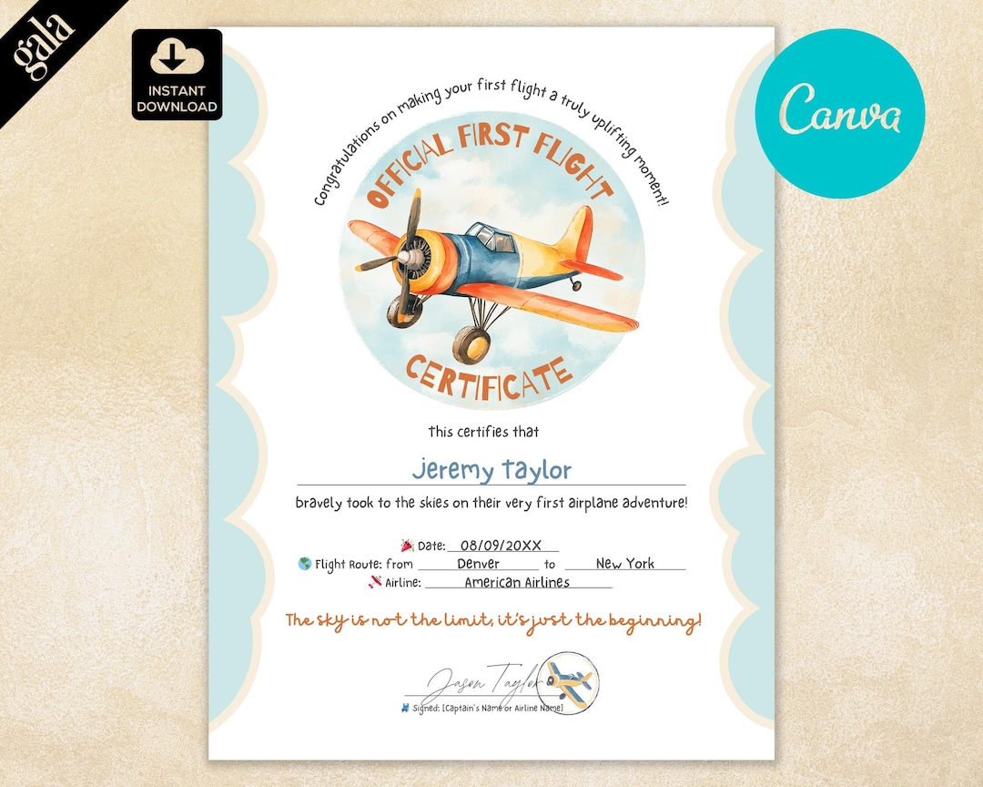 First Flight Certificate for Kids With a Plane and Clouds 003 - Etsy