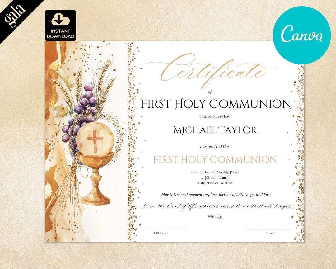 First Holy Communion Certificate Canva Template, Church Certificate CAN ...