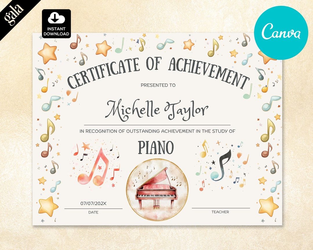 Piano Certificate of Achievement, Piano Recital Template 8.5x11" 021c ...