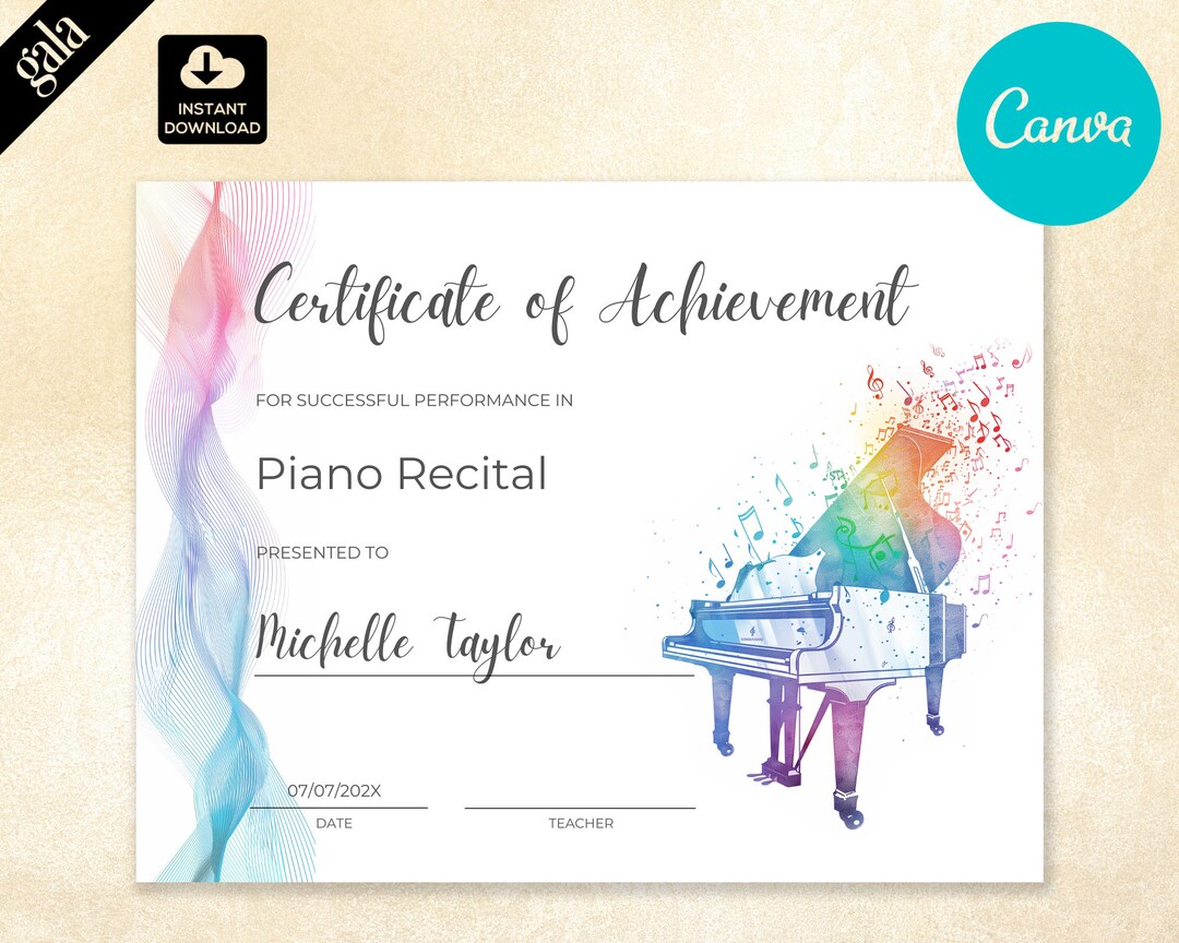 Music Certificate of Achievement for Piano Recital, Canva Template 8 ...