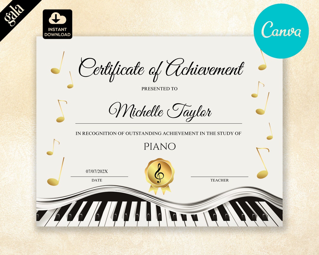 Modern Printable Piano Recital Certificate of Achievement, Canva ...
