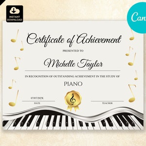 Modern Printable Piano Recital Certificate of Achievement, Canva ...