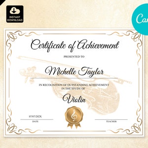 Editable Violin Certificate of Achievement, Music School Certificate, 8 ...