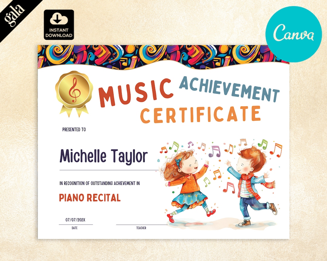 Colorful Music Achievement Certificate for Kids - Customizable Canva ...