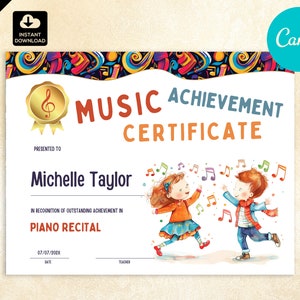 Colorful Music Achievement Certificate for Kids - Customizable Canva ...