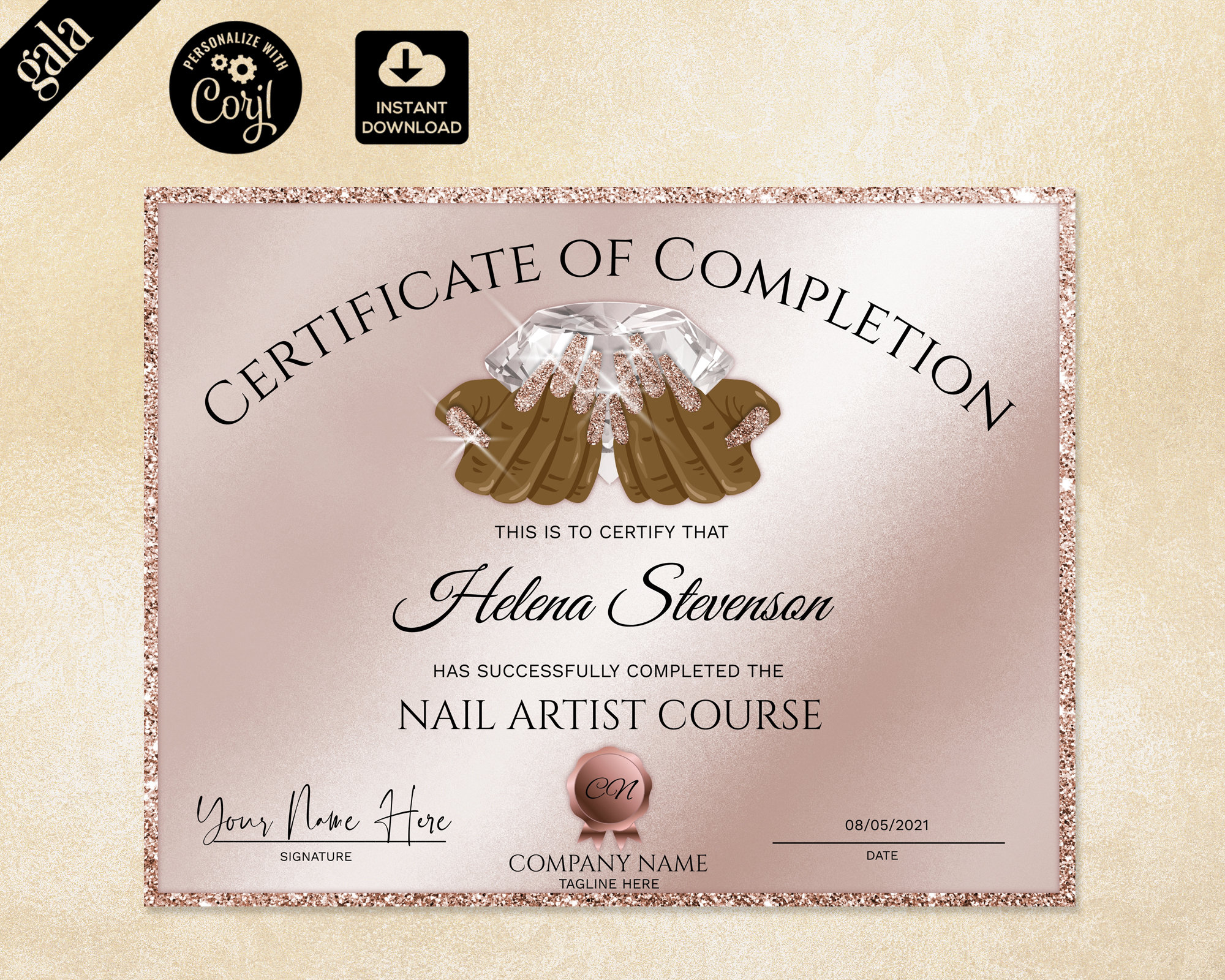 Nail Artist Certificate Template: Rose Gold Glitter (digital Download ...