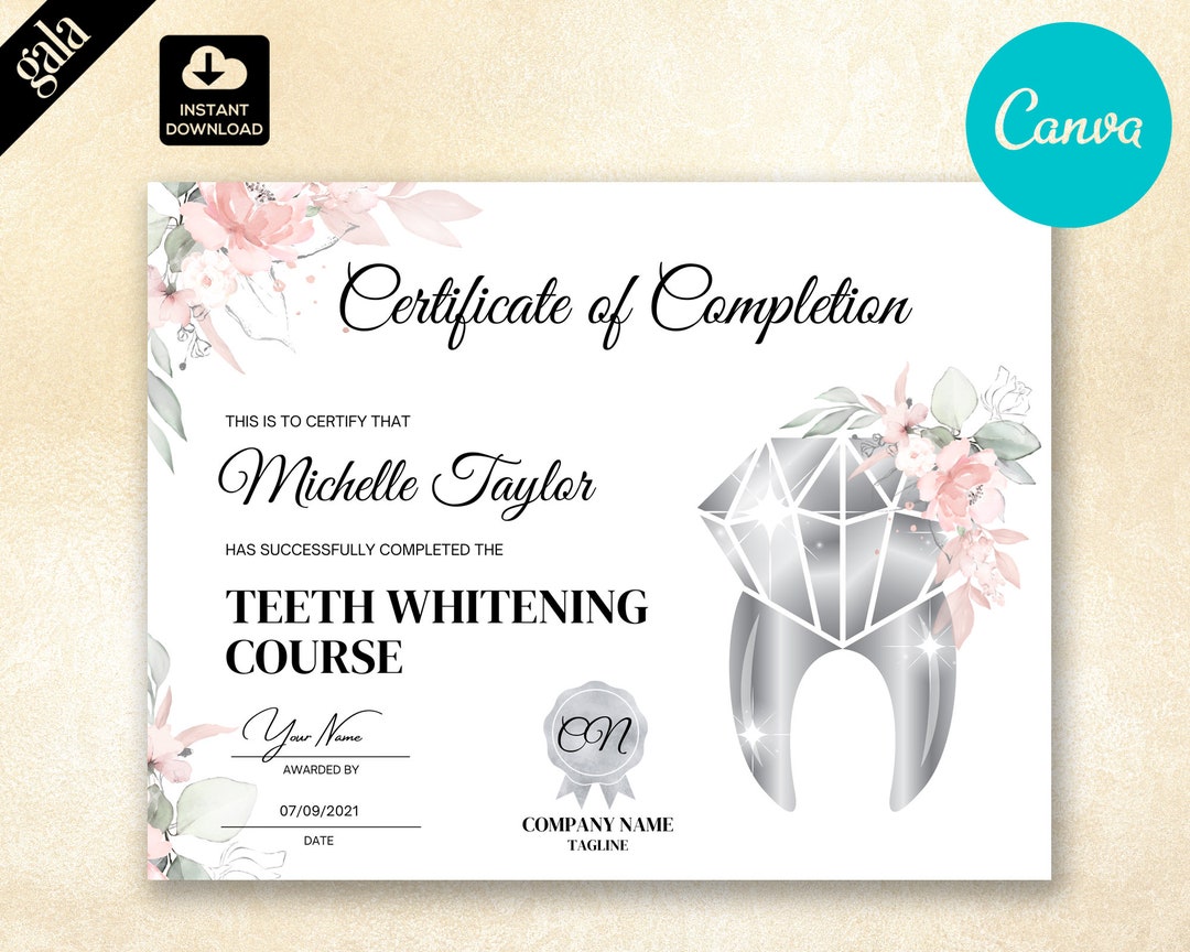 Teeth Whitening Certificate of Completion: Canva Template (digital ...