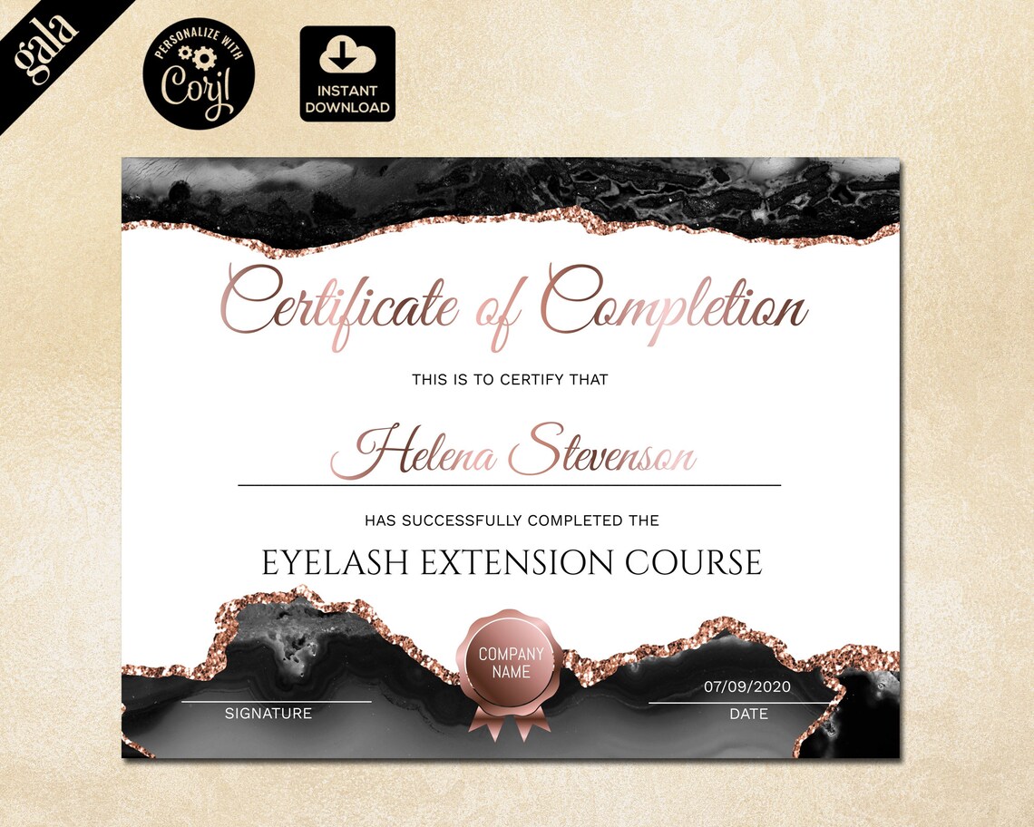 Lash Extension Certificate of Completion Template, Rose Gold Marble ...