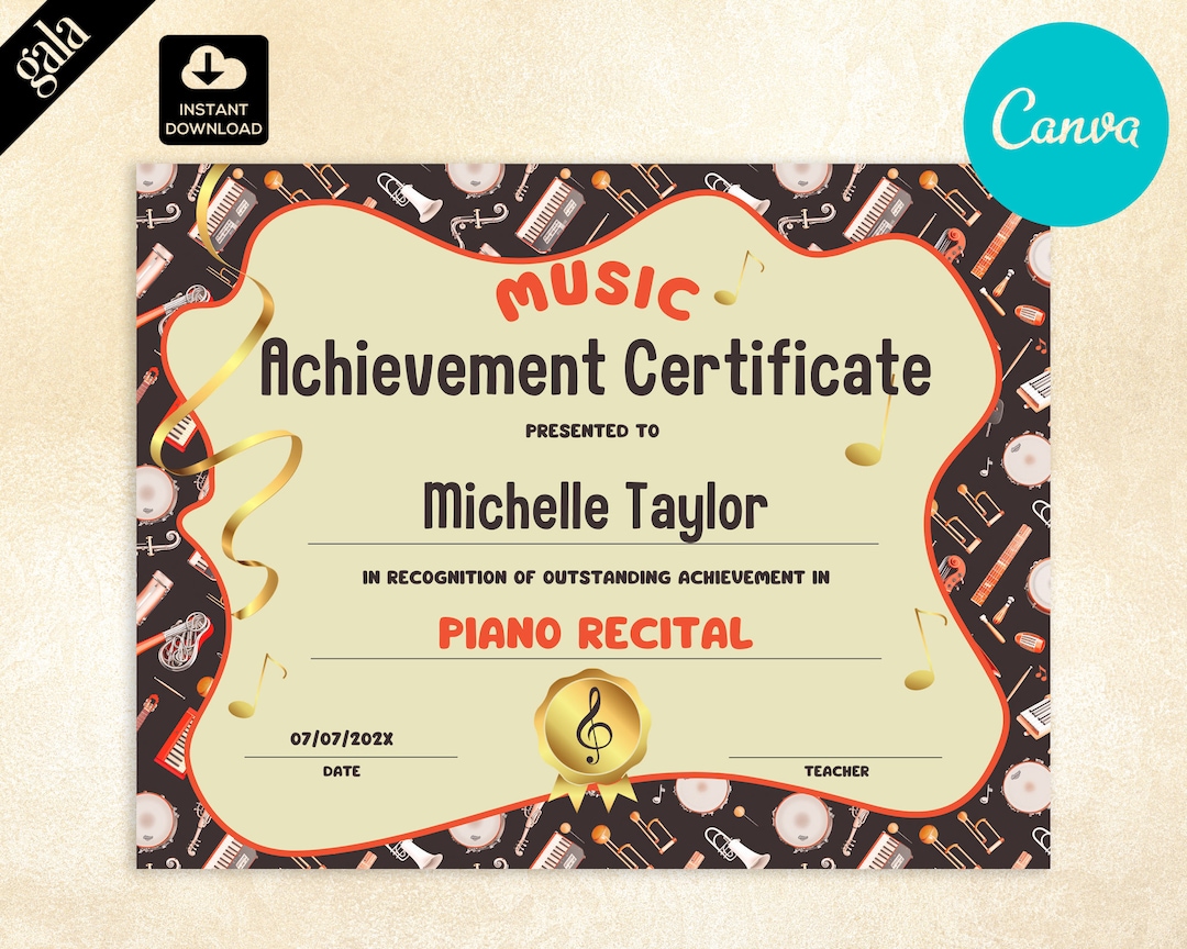 Certificate of Achievement for Music Recital, Printable Music Festival ...