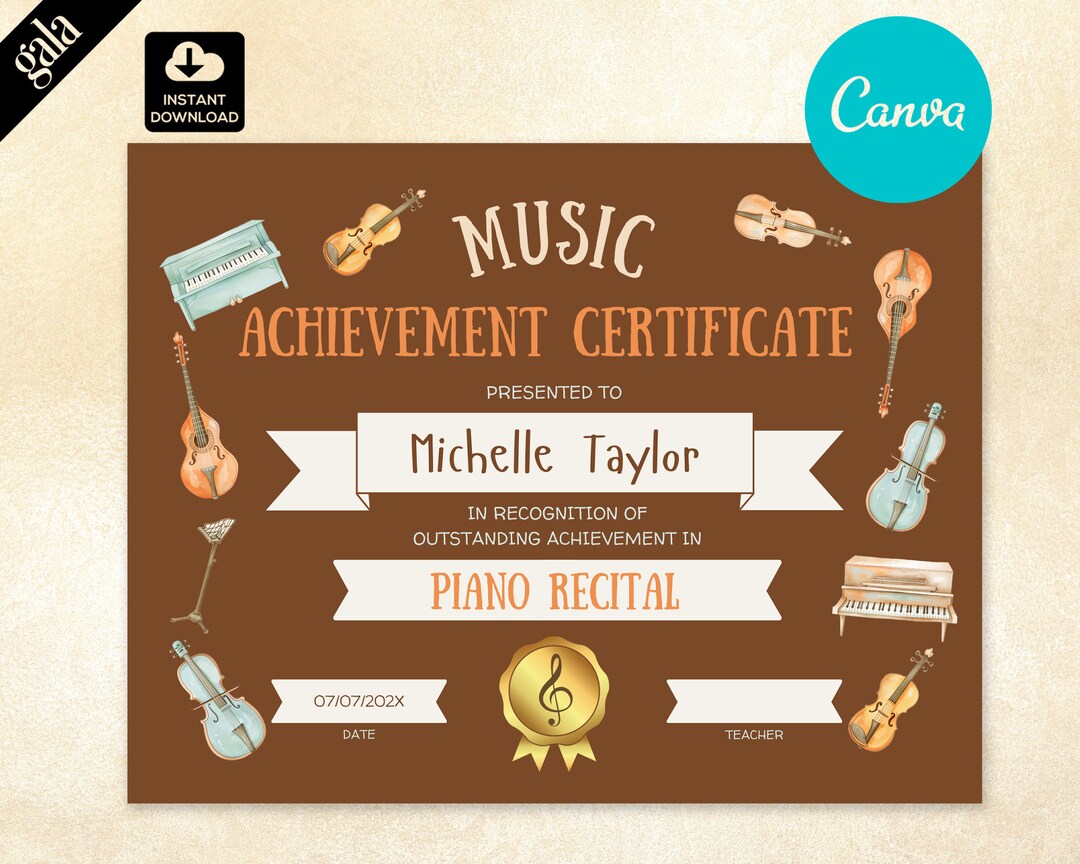 Printable Music Achievement Certificate, Music Festival Certificate for ...