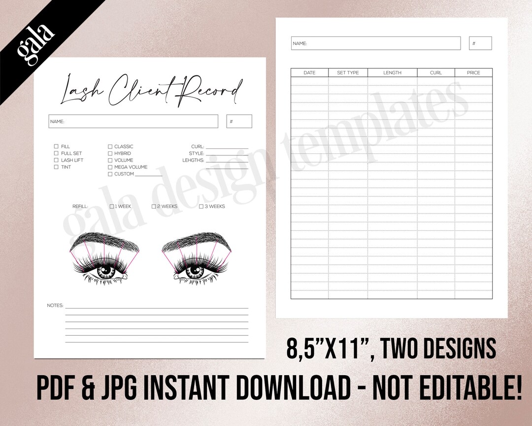 Lash Extensions Client Record Consultation Printable PDF and JPG Files ...