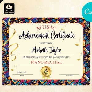 Certificate of Achievement for Music Recital, Printable Music Festival ...