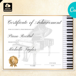 Editable Piano Recital Certificate of Achievement, Music Certificate, 8 ...