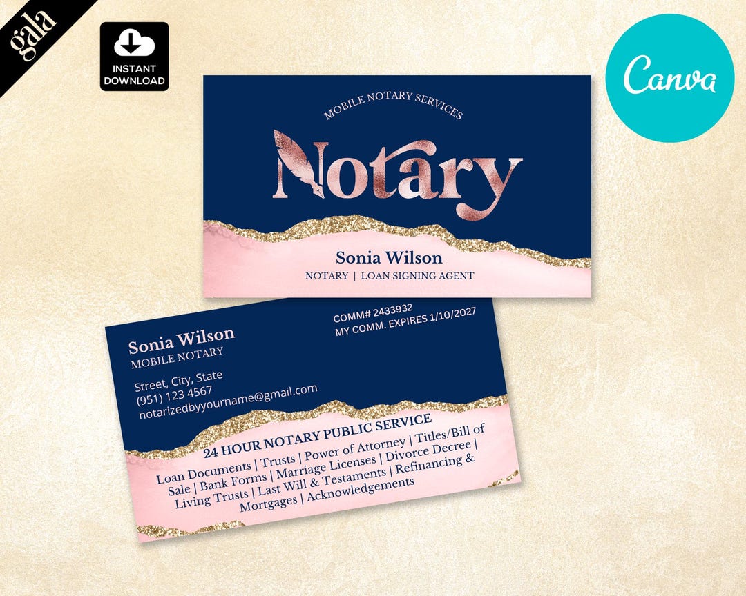 DIY Mobile Notary Business Card Canva Template: Rose Gold Design (3.5x2 ...
