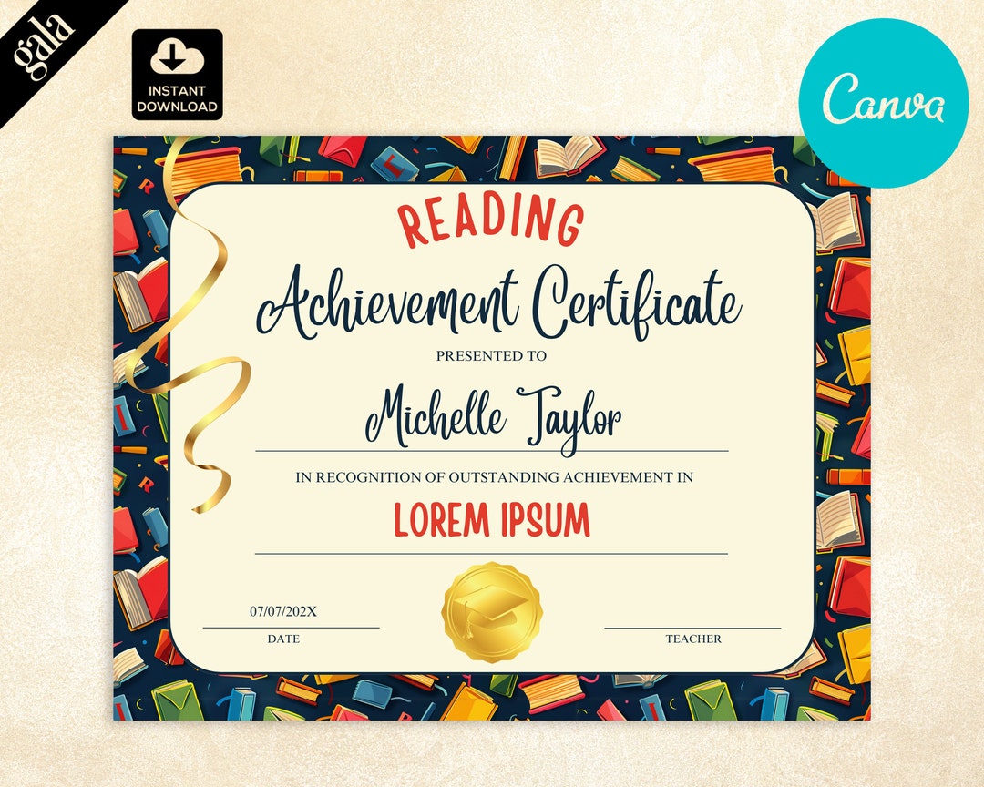 Reading Certificate of Achievement for Kids, Canva DIY Template 004 - Etsy