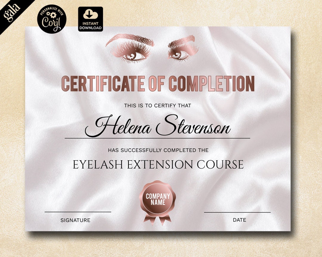 Certificate of Completion, Lashes Certificate Template, Rose Gold ...