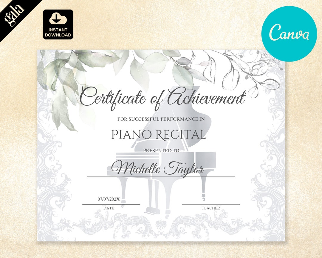 Music Certificate of Achievement for Piano Recital, Canva Template 8 ...