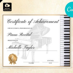 Editable Piano Recital Certificate of Achievement, Music Certificate, 8 ...