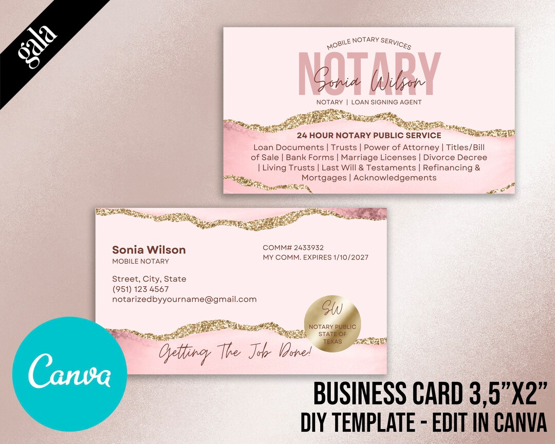 Modern Notary Business Card Canva Template: DIY Printable Design ...