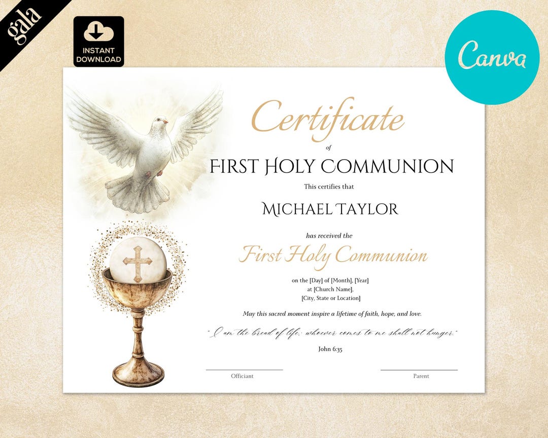 Editable First Holy Communion Certificate Template With a Dove – DIY ...