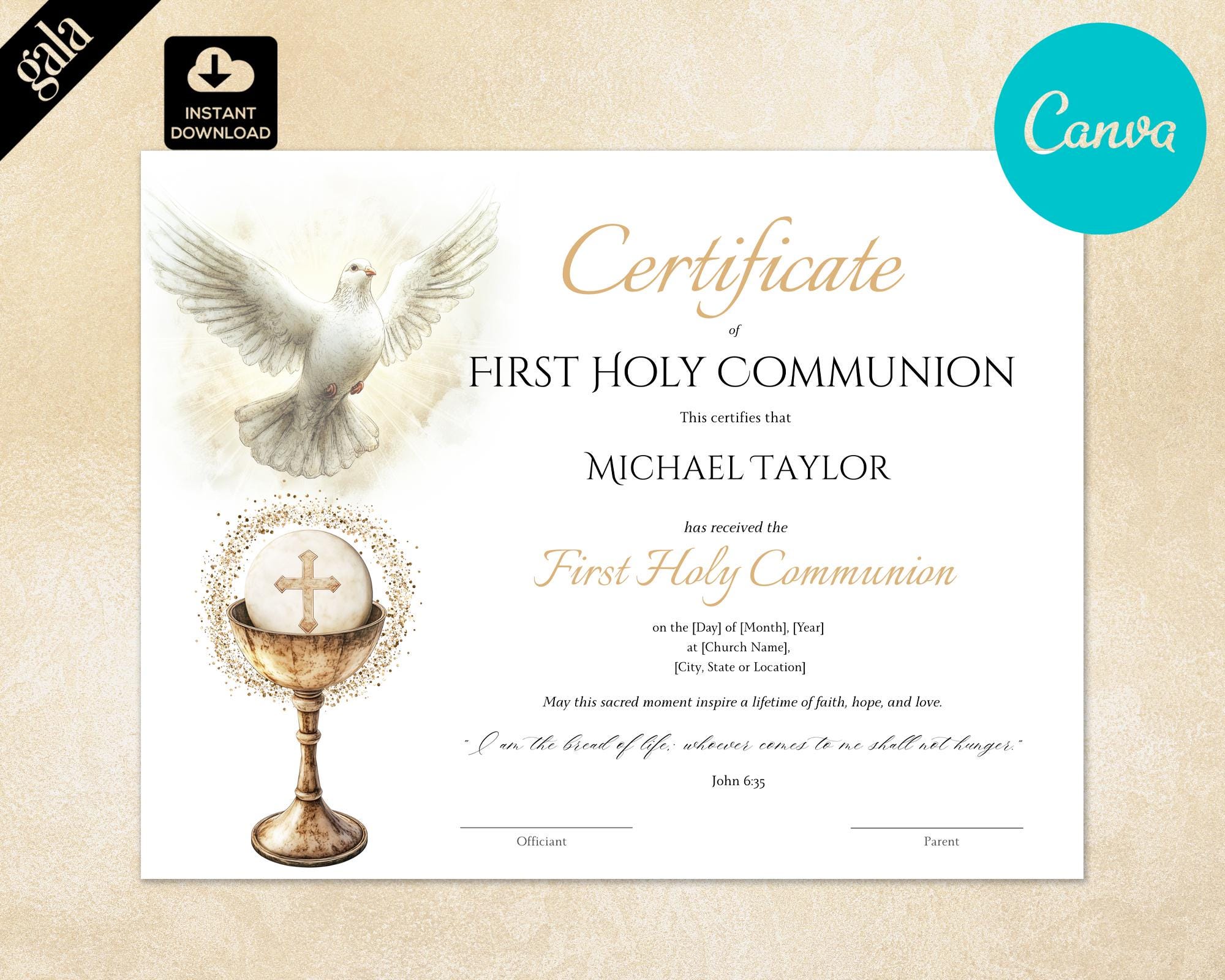 First Holy Communion Certificate Template: DIY Printable (canva) - Etsy