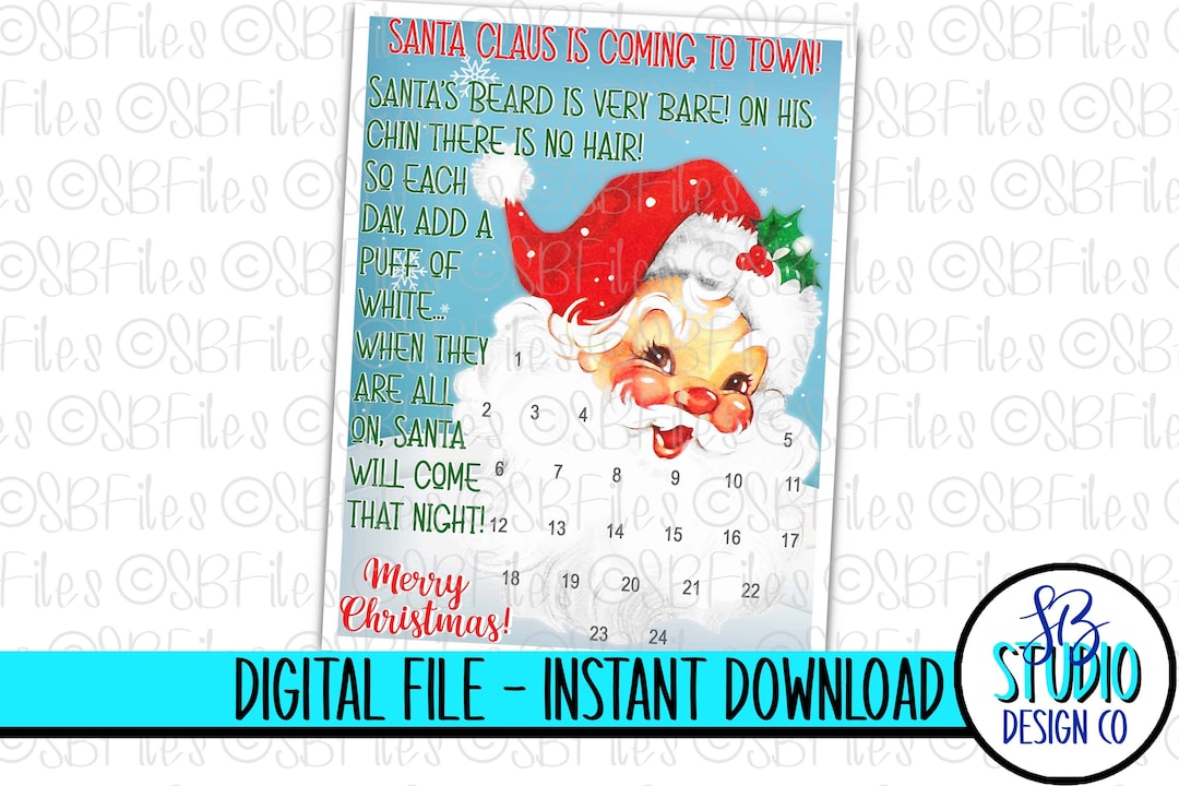 Santa Beard Countdown Printable Calendar, Fun Advent Calendar Kids ...