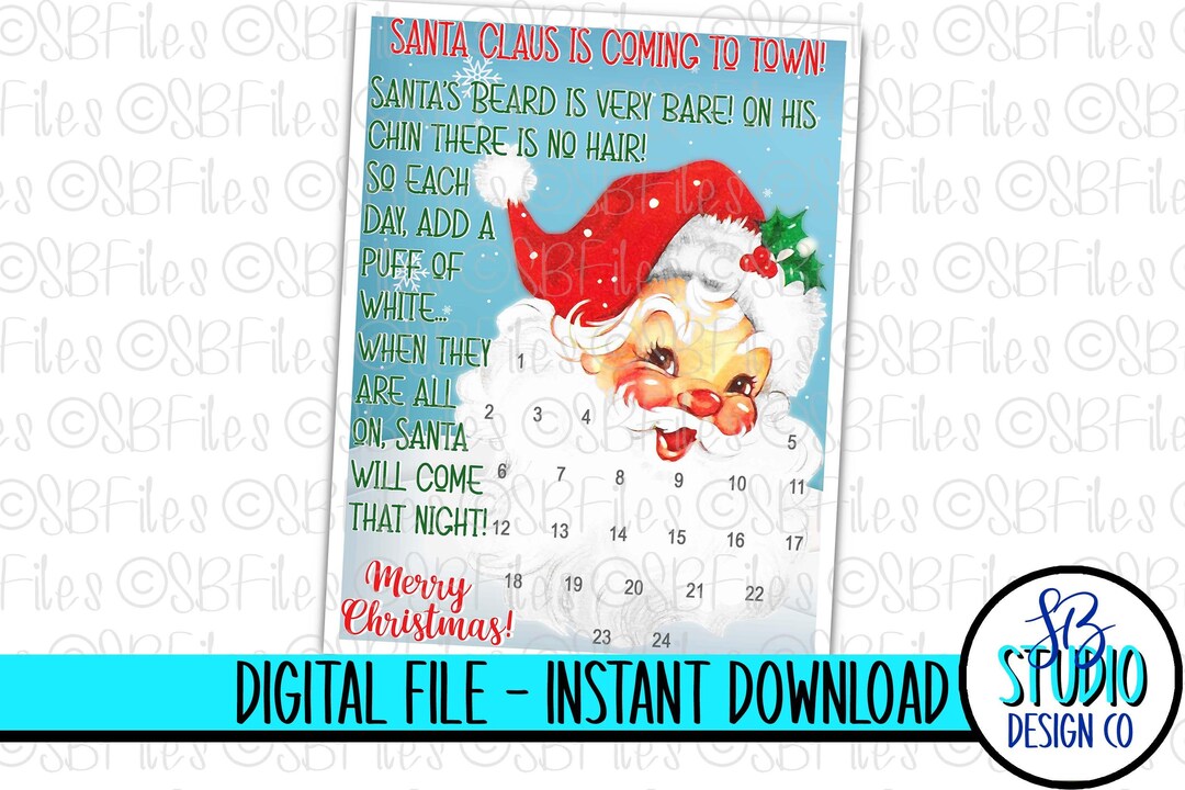 Santa Beard Countdown Printable Calendar, Fun Advent Calendar Kids ...