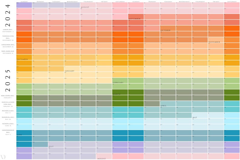 Full Year Wall Calendar- 2024-2025 - Digital Download - Rainbow - 36x24 ...