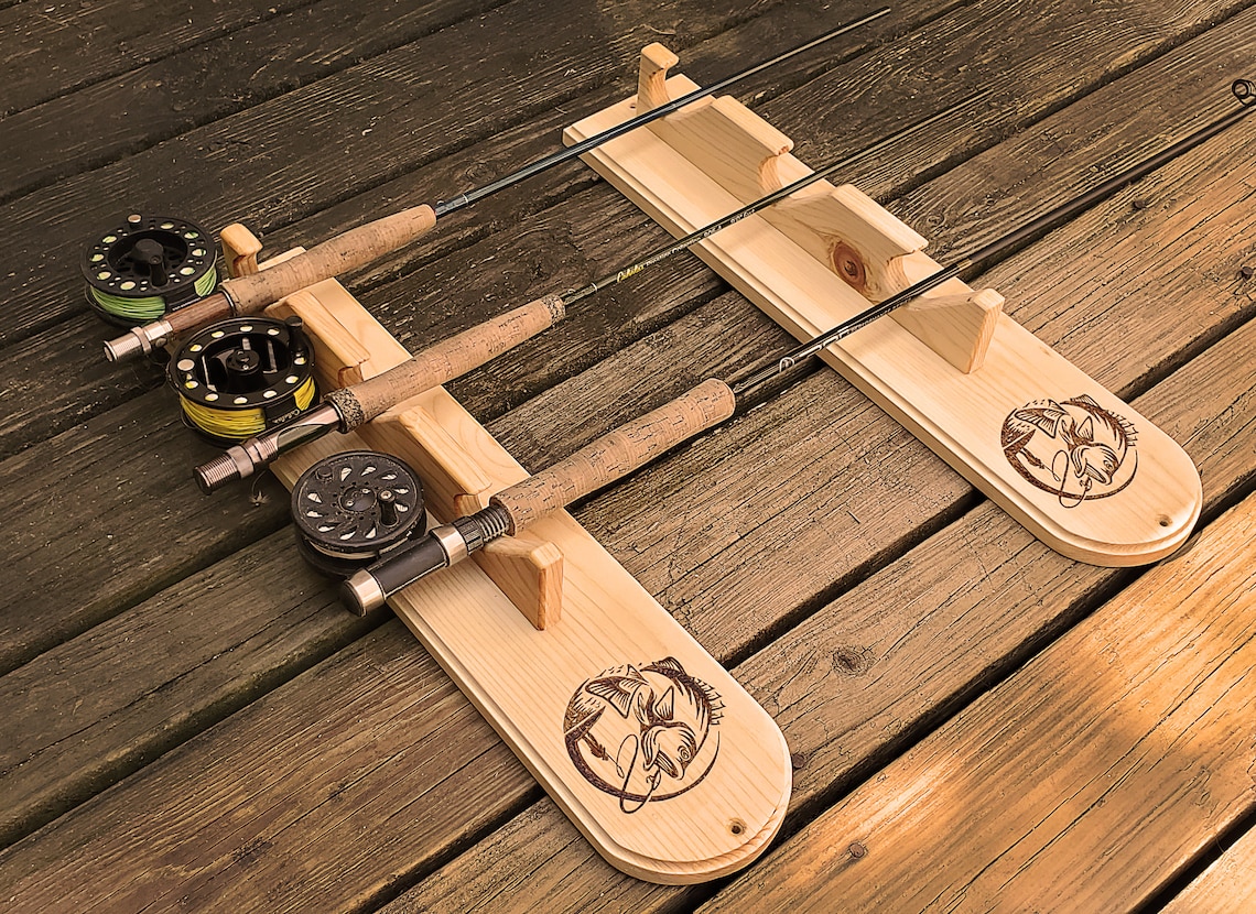 Personalized handmade wooden fishing rod display rack with | Etsy