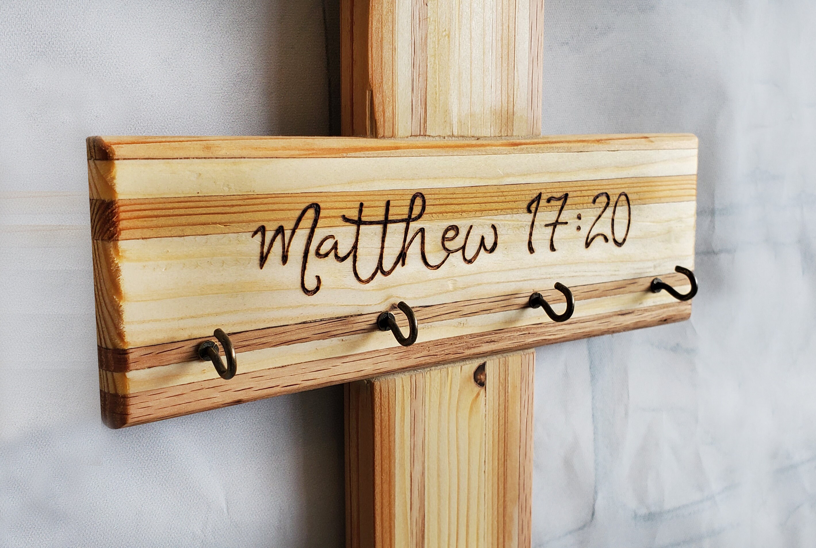 Personalized hand made cross key rack with hand burned Bible | Etsy