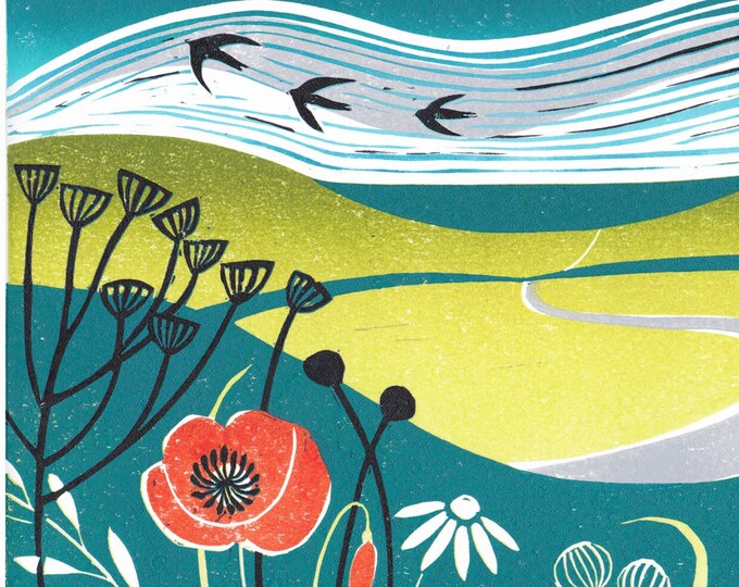 Towards the Sea - Original Lino Print | Countryside Art | Summer Print ...