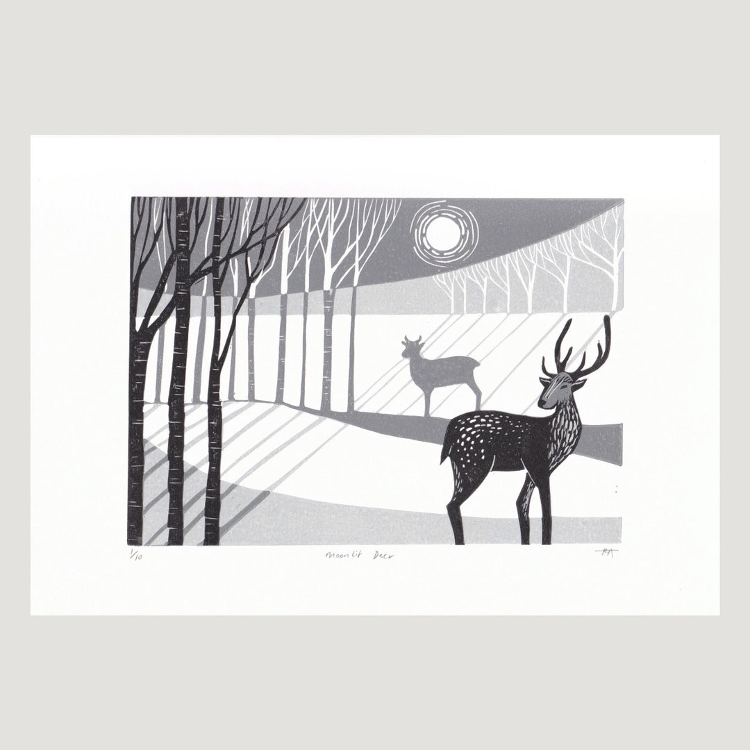 Moonlit Deer Original Lino Print Unframed Lino Cut Gift Idea - Etsy