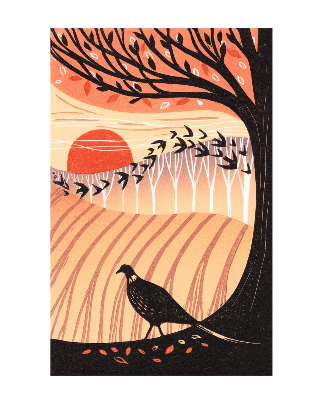 Autumn Shadows - Original Lino Print | Pheasant Art - Etsy