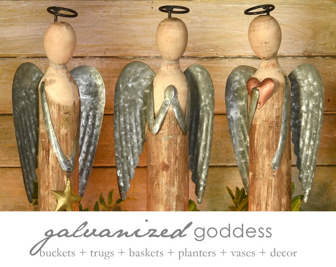 Metal & Wood Angels, Holiday Decor, Tabletop or Mantel Decor, Rustic ...