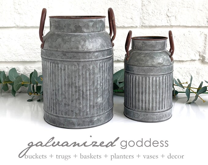 Farmhouse Water Jug, Milk Pail, Galvanized Vase, 2 Sizes, Large Handled ...