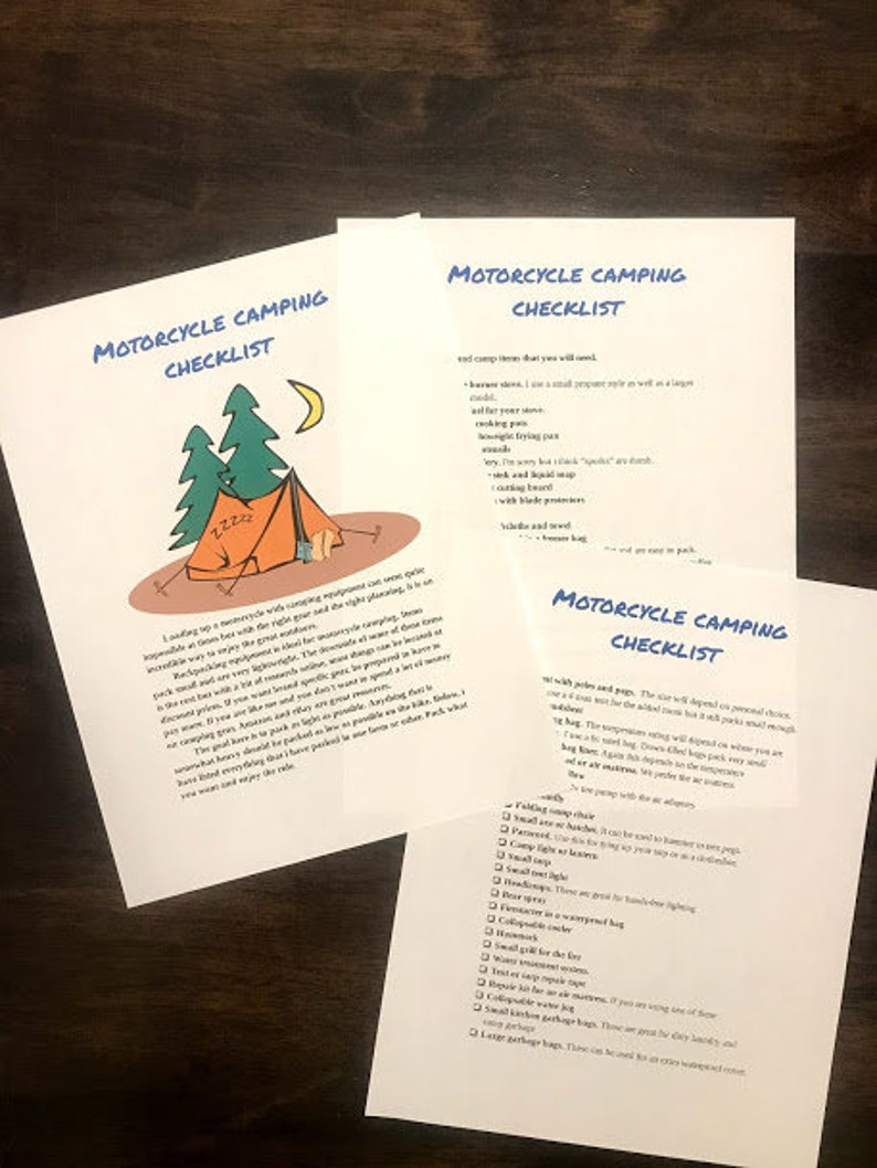 Motorcycle Camping Checklist - Etsy
