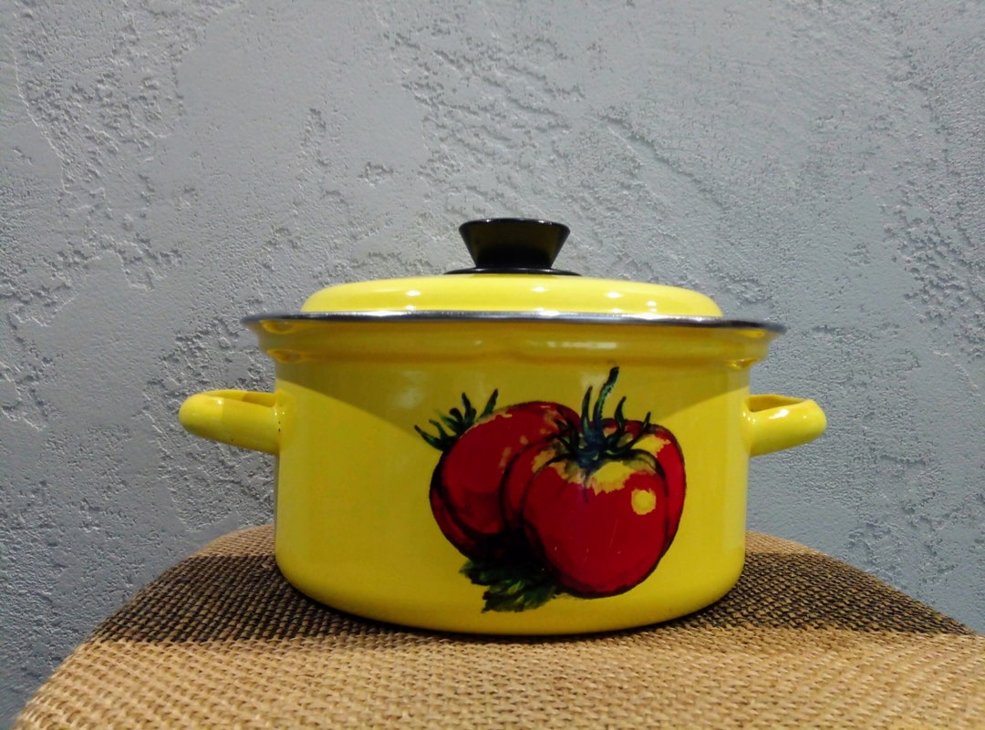 Soviet Yellow Enamel Pot With Tomato Print, Vintage Yellow Metal Pot ...