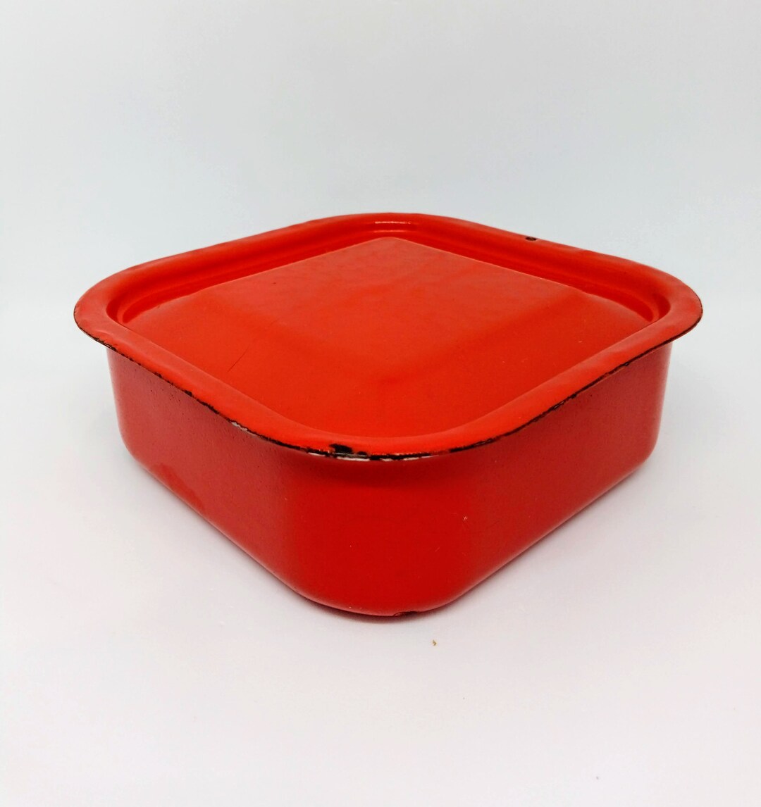 Soviet Small Food Red Enamel Box - Vintage Red Enamel Storage Container ...